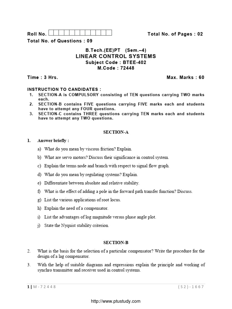 Btech Ee PT 4 Sem Linear Control Systems 72448 Nov 2019 | PDF | Electrical Engineering | Signal ...