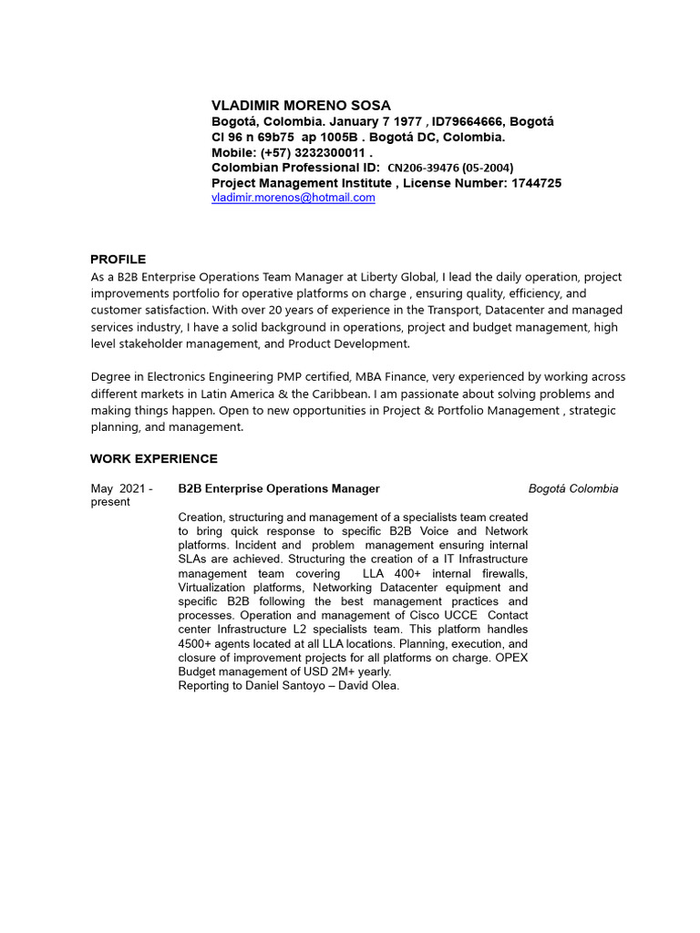 Vladimir Moreno Sosa - CV2024 | PDF | Cisco Certifications | Colombia
