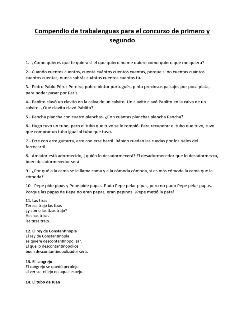 Compendio de Trabalenguas para El Concurso de Primero y Segundo | PDF | Clásicos
