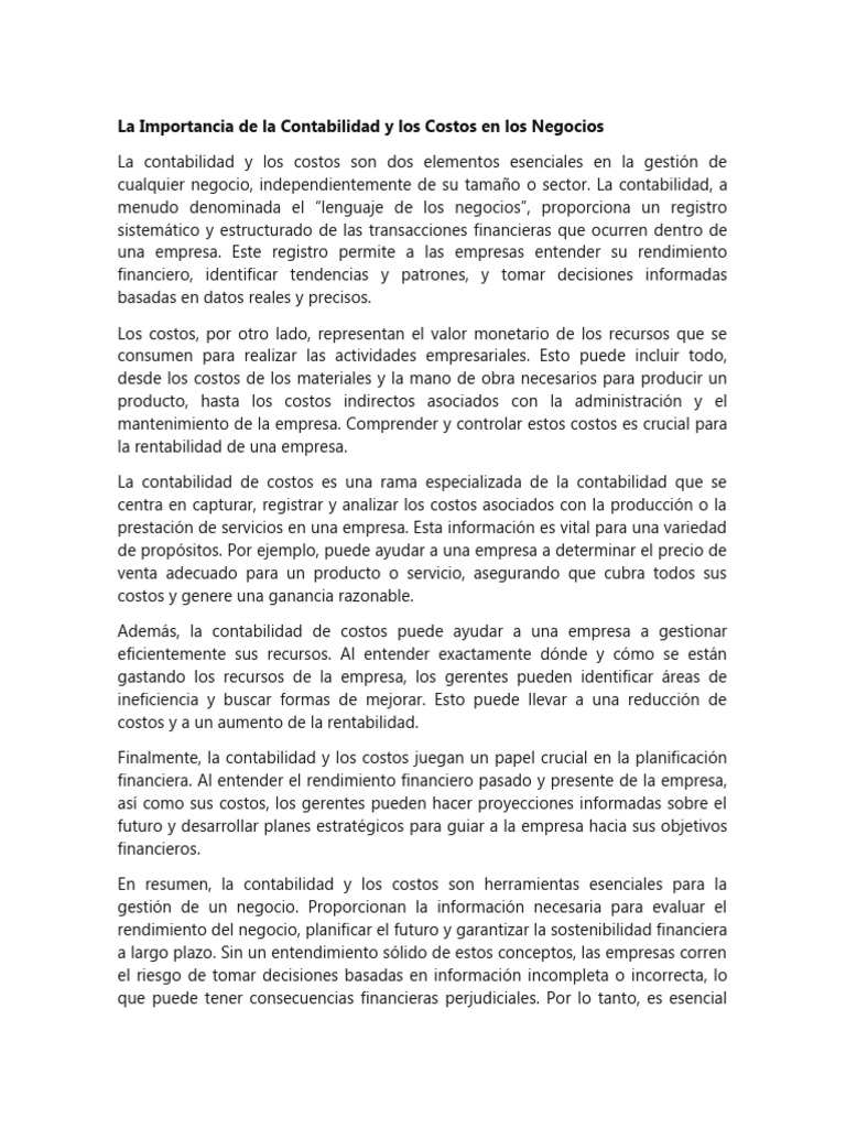 La Importancia De La Contabilidad Y Los Costos En Los Negocios Pdf