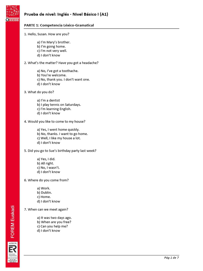 Prueba_de_nivel_Ingles_Nivel_Basico_I_A1 | PDF