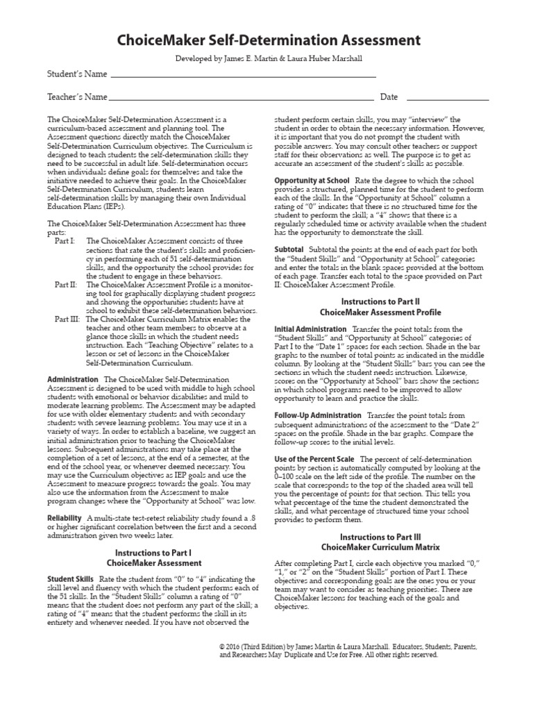 ChoiceMaker Self-Determination Assessment | PDF | Schools | Teachers