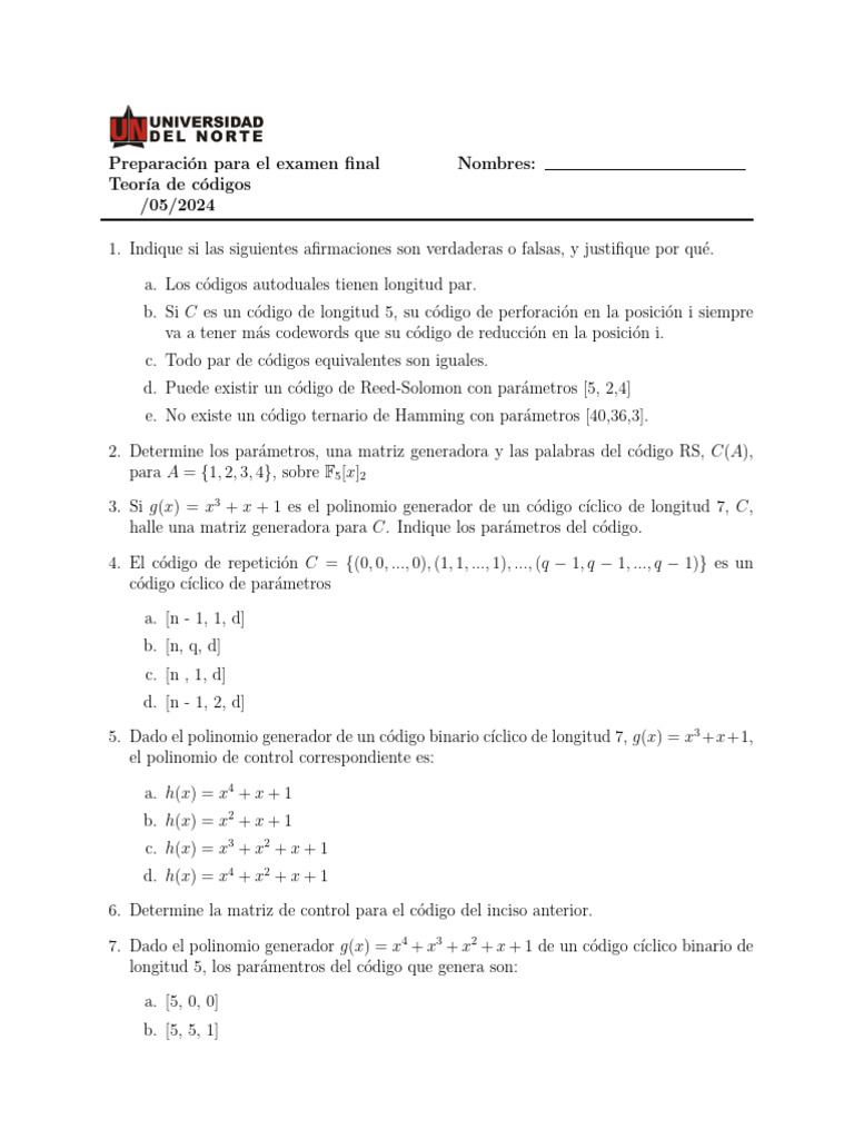 Prep Ex Final T Códigos 202410 | PDF | Álgebra