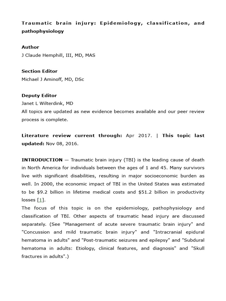 Traumatic Brain Injury - Epidemiology, Classification, and ...