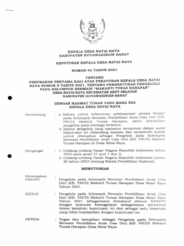 Perubahan Pertama Kali Atas Peraturan Kepala Desa Natai Raya Nomor 8 Tahun 2021 Tentang ...