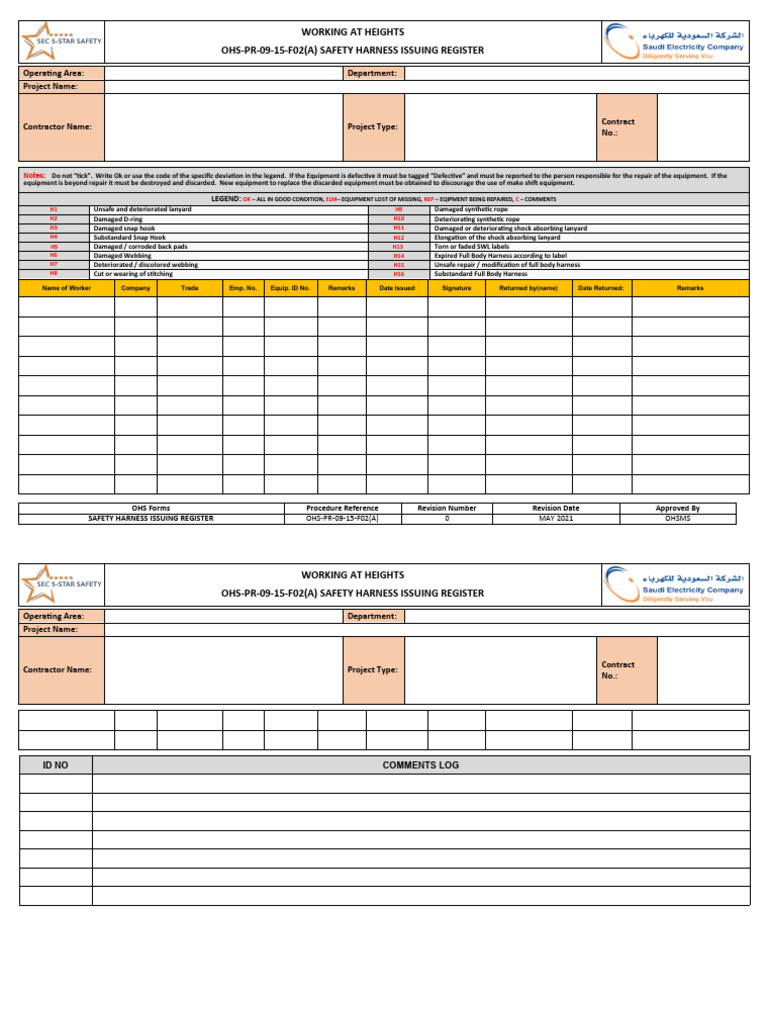 Ohs-Pr-09-15-F02 (A) Safety Harness Issuing Register | PDF | Equipment ...