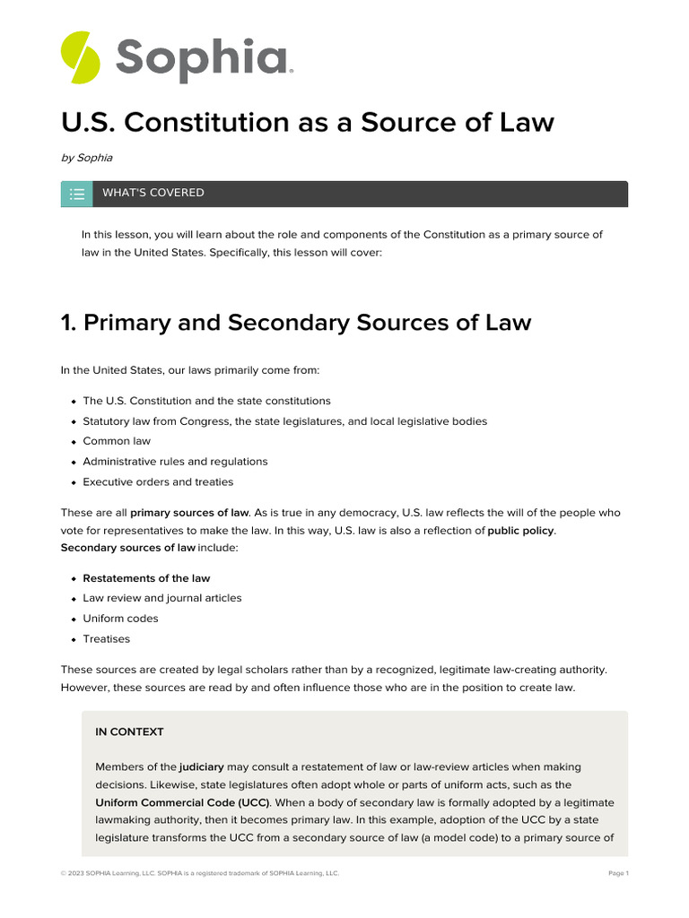 U.S. Constitution: Primary Law Source | PDF | Federal Government Of The ...