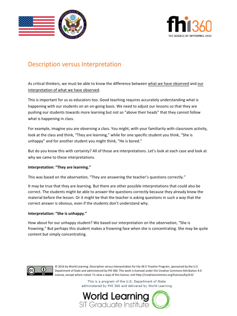 Description Versus Interpretation - Handout | Download Free PDF | Critical Thinking | Thought