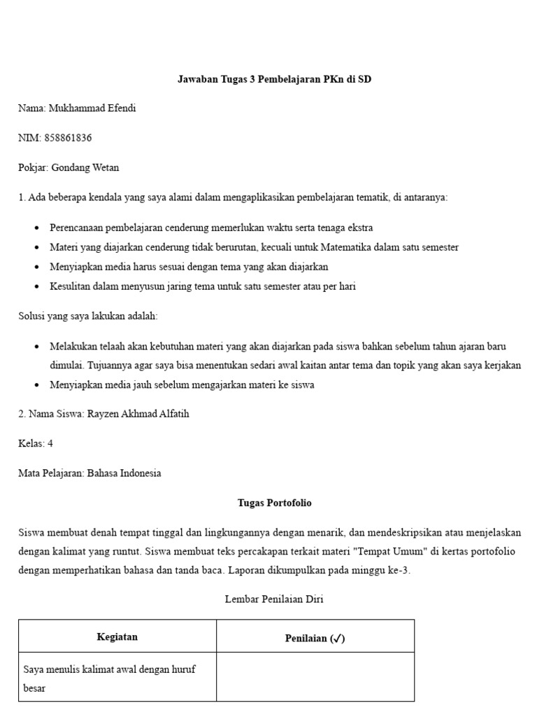 Jawaban Tugas 3 Pembelajaran PKN Di SD | PDF | Karier & Perkembangan