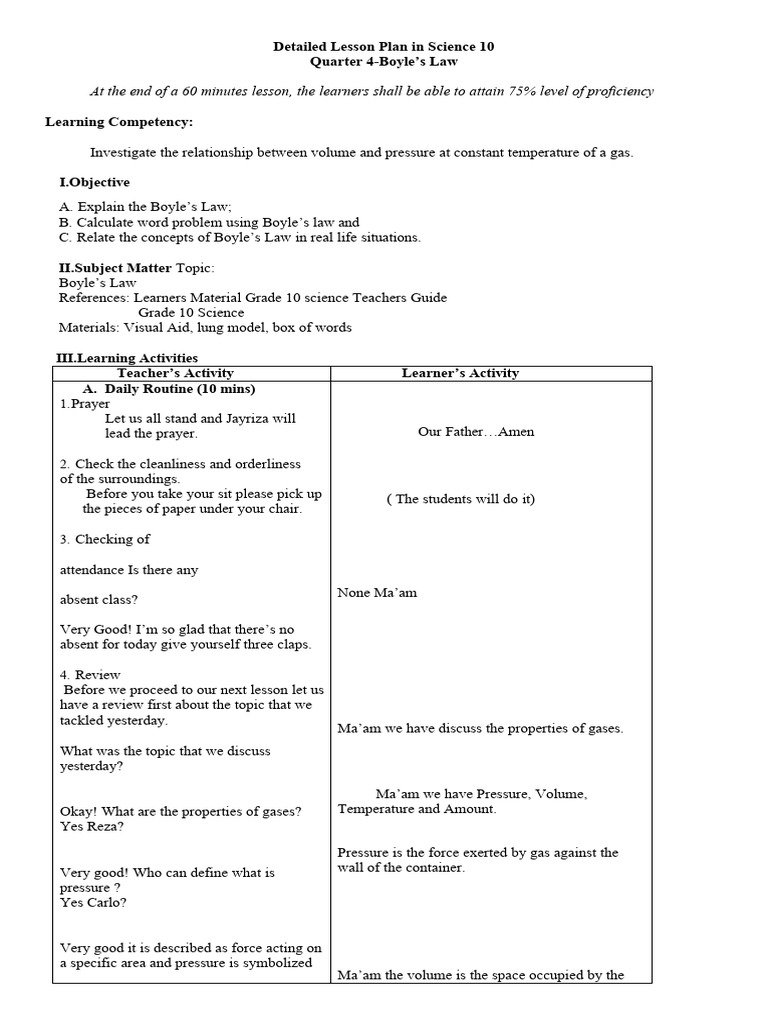 Lesson Plan - Boyle's Law | PDF | Atmospheric Pressure | Gases