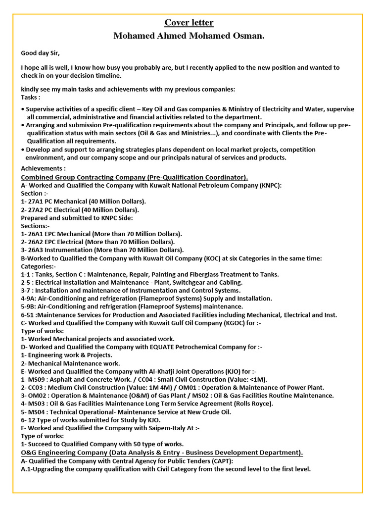 Mohamed Osman Cover Letter + CV | PDF | Hydrocarbons