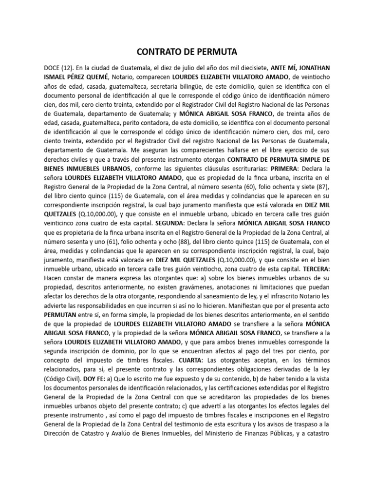 Ejemplo de Contrato de Permuta | PDF | Guatemala | Propiedad