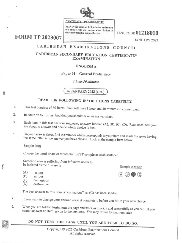 CSEC English A January P1 2023 | PDF