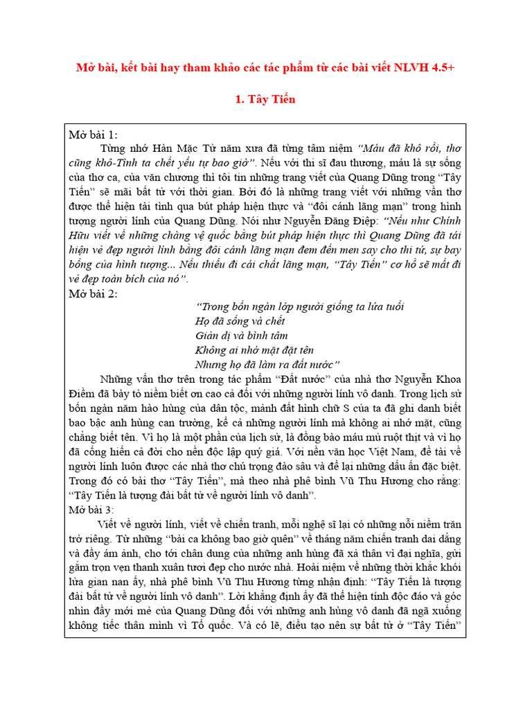 Mở bài, kết bài hay tham khảo các tác phẩm từ các bài viết NLVH 4 | PDF