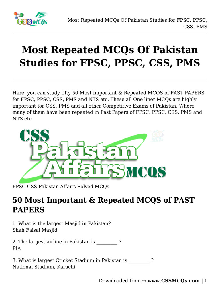 Most Repeated MCQs of Pakistan Studies For FPSC, PPSC, CSS, PMS | PDF | Pakistan | Karachi