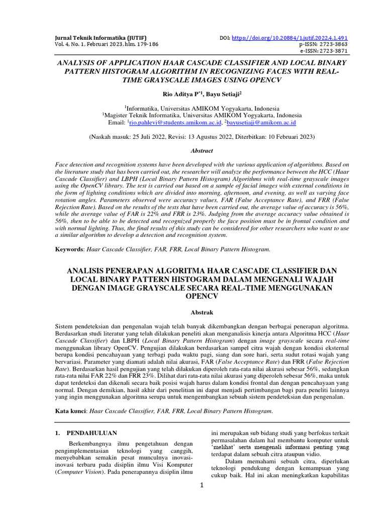 Analysis of Application Haar Cascade Classifier An | PDF