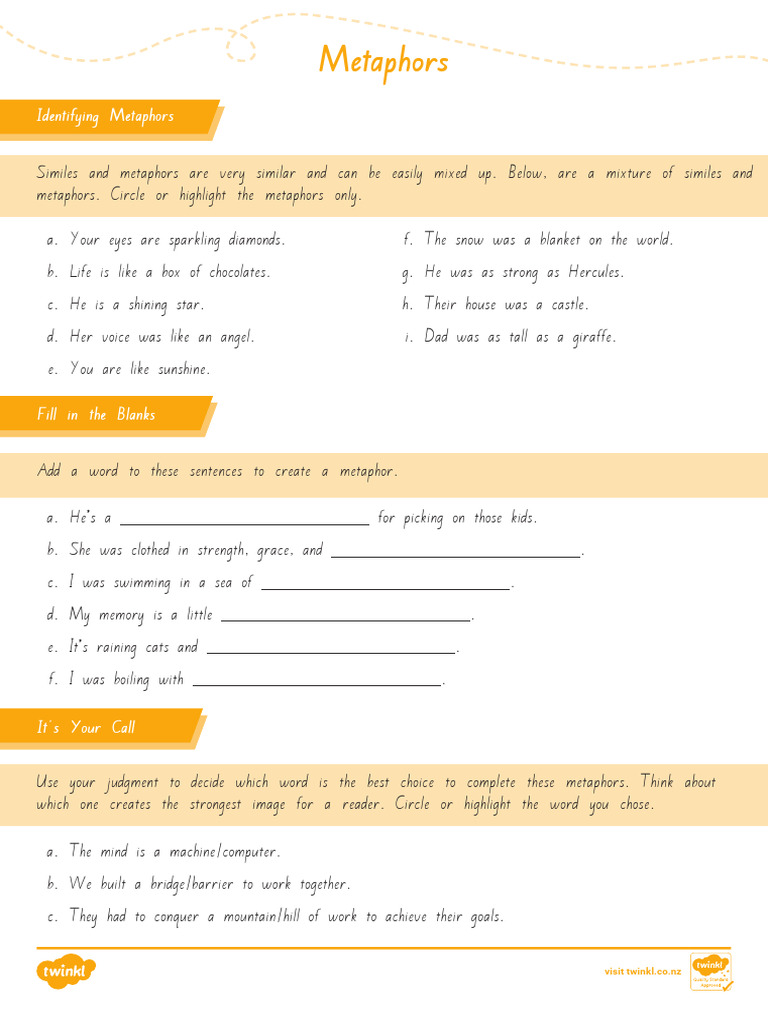 NZ e 1631666145 Level 3 Writing Metaphor Worksheet - Ver - 5 | PDF ...