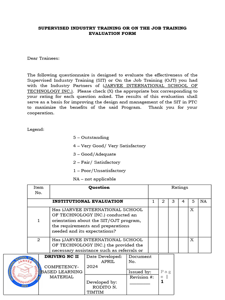 Supervised Industry Training or On The Job Training Evaluation Form ...