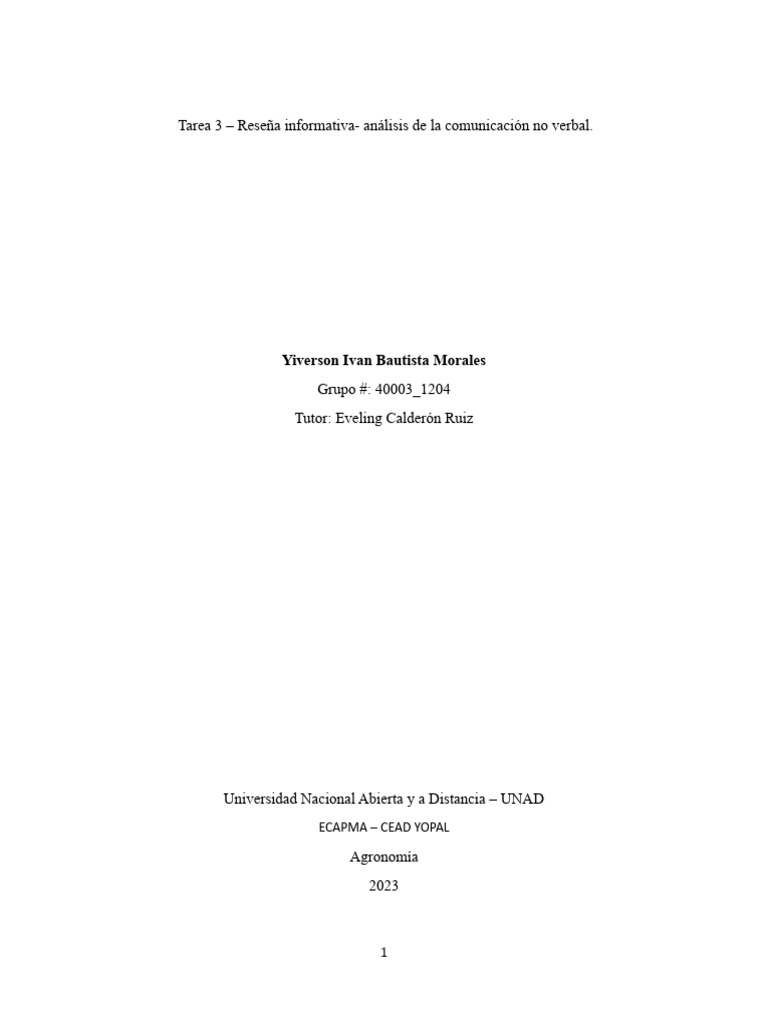 Tarea 3 - Reseña Informativa - Análisis de La Comunicación No Verbal - Yiverson Ivan Bautista ...