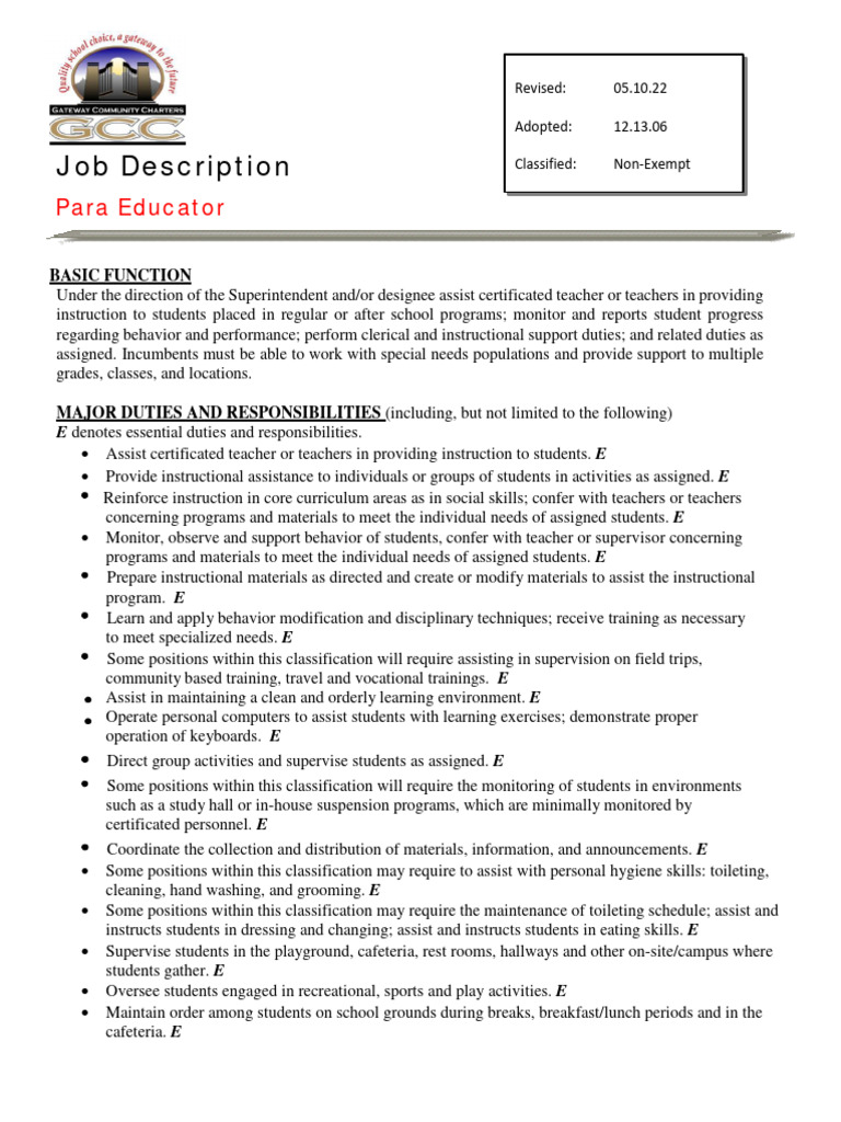 Para Educator Job Description - Rev - 5.10.22-20220516095021 | PDF ...