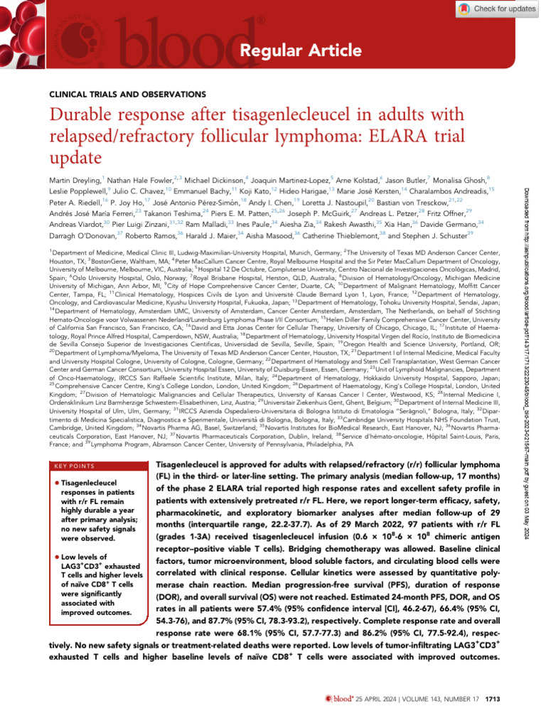 Durable Response After Tisagenlecleucel in Adults With Relapsed:refractory Follicular Lymphoma ...