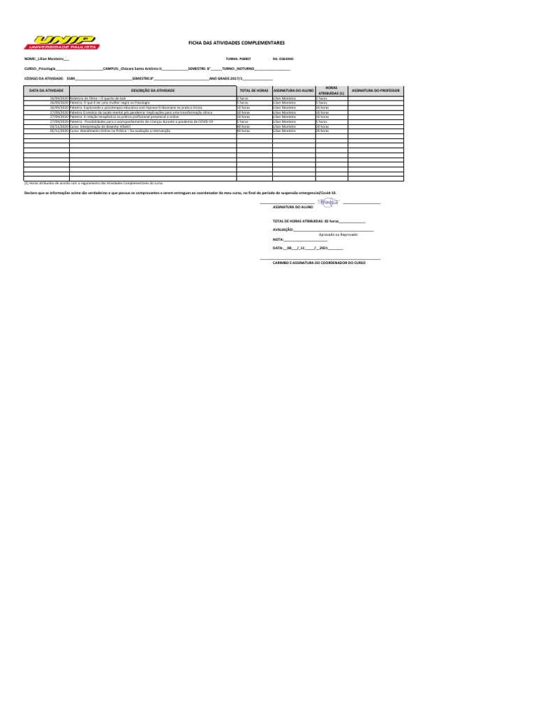 8°s D3644H0 Ficha Atividade Complementar | PDF