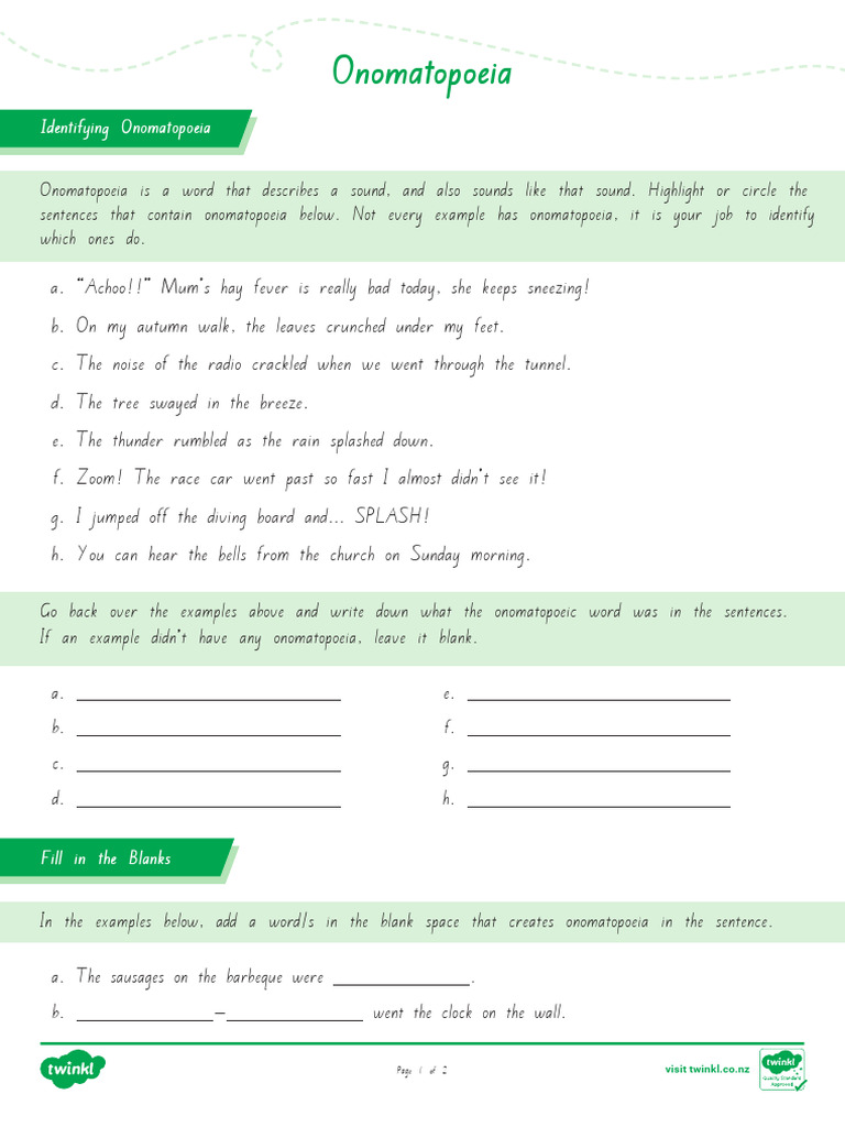 NZ e 1631771119 Level 3 Writing Onomatopoeia Worksheet - Ver - 5 | PDF ...