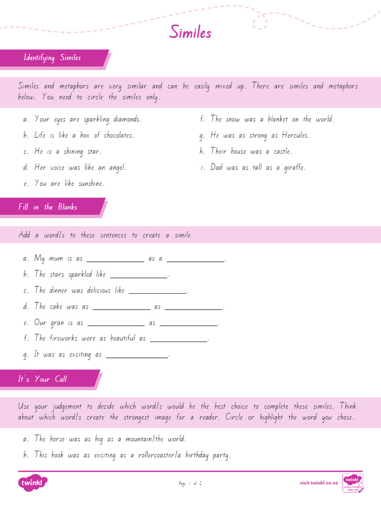 NZ e 1631668432 Level 3 Writing Simile Worksheet - Ver - 5 | PDF