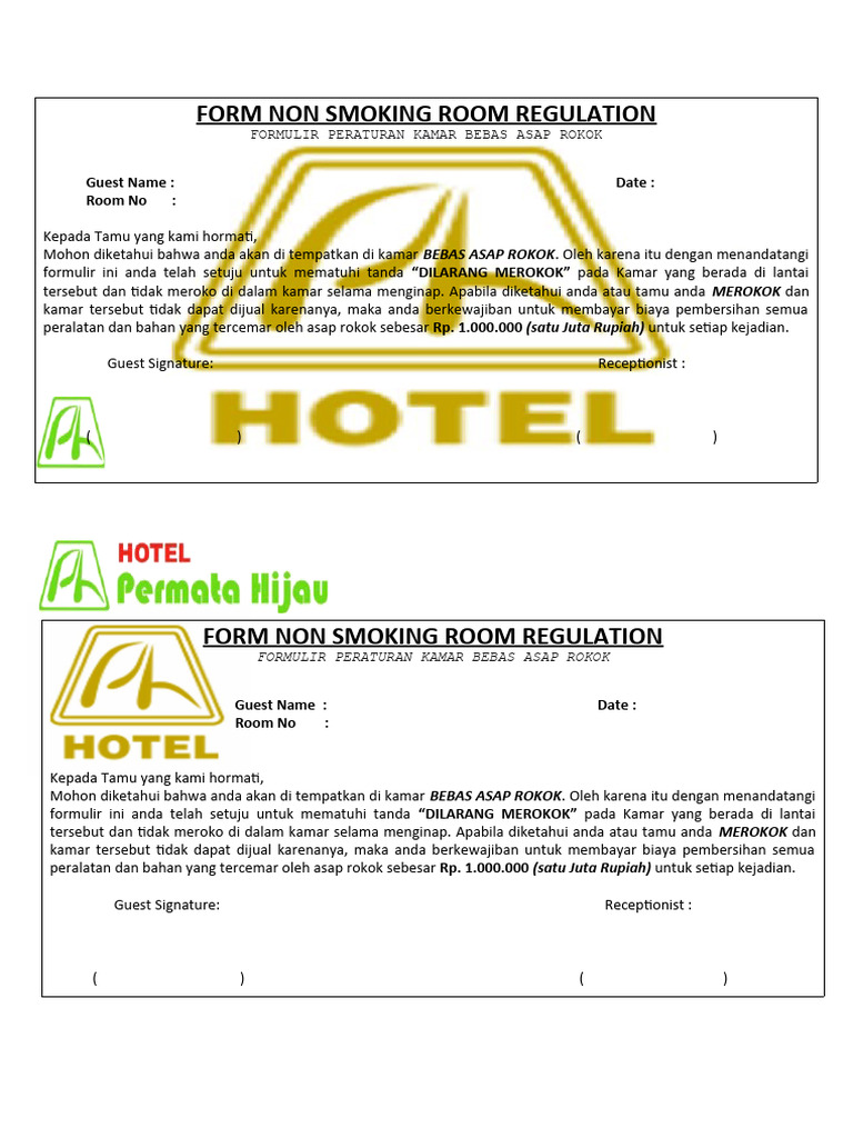 FORMULIR PERATURAN KAMAR BEBAS ASAP ROKOK | PDF