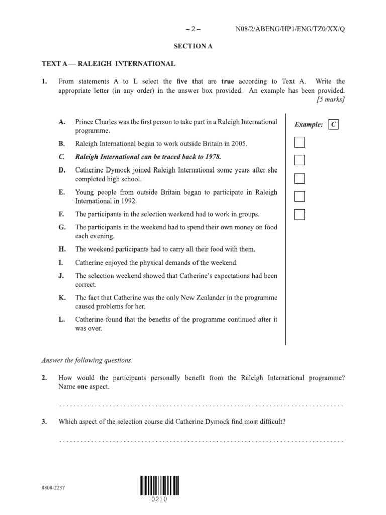 English B HL Paper 1 Question Booklet N08 TextA, B, C | PDF