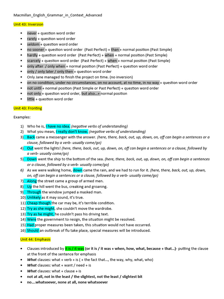 Inversion Fronting Emphasis Macmillan | PDF | Question | Perfect (Grammar)