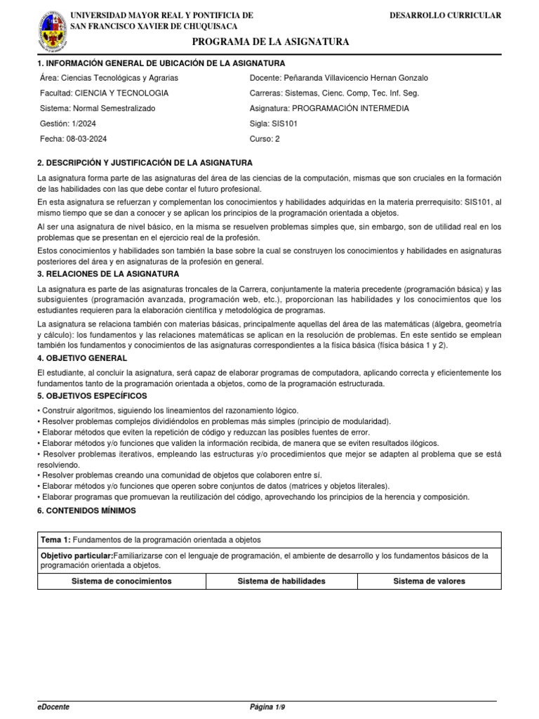 Programa Analitico SIS101 2024 | PDF | Programación de computadoras | Objeto (informática)