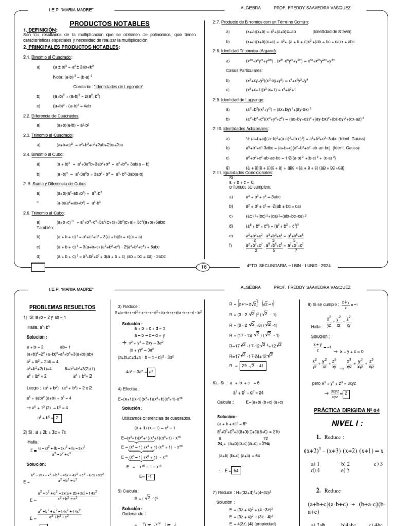 I Bim. Alg 3...... Productos Notables III (Semana de Vacaciones) | PDF | Álgebra