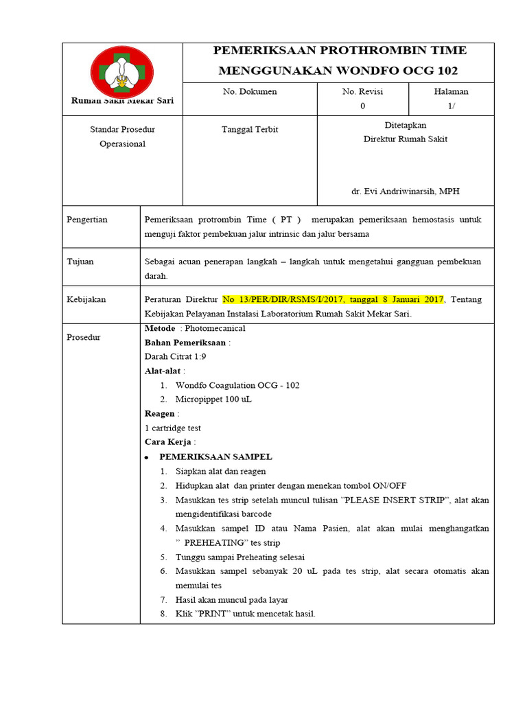 SPO Pemeriksaan Prothrombin Time Menggunakan Wondfo OCG-102 | PDF