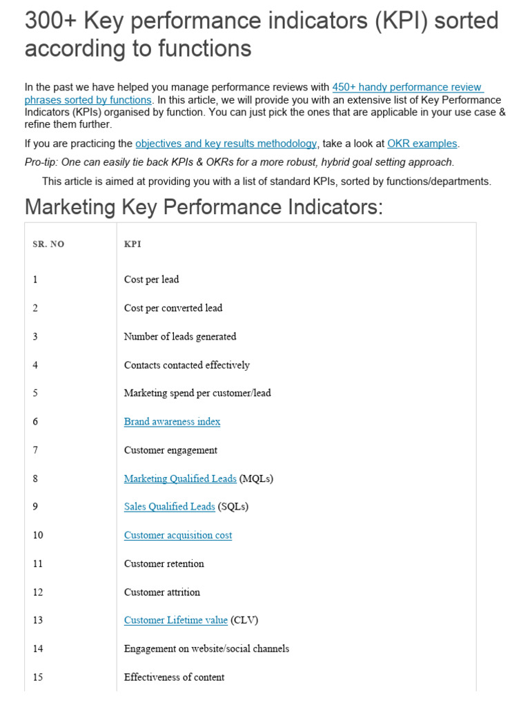 300 KPIs - Sorted According To Functions | PDF | Performance Indicator ...