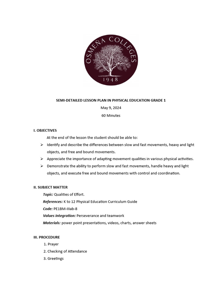 Pe Grade 1 Qualities of Efforts | PDF | Physical Education | Teaching