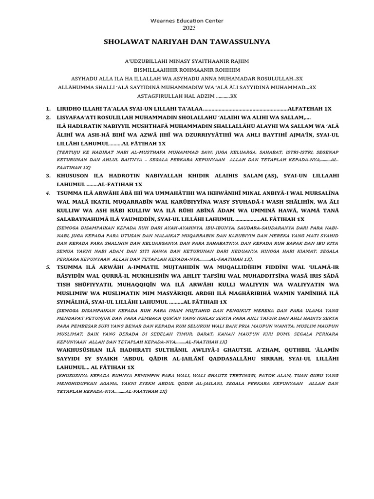 Sholawat Nariyah Dan Tawassulnya 2023 MDN | PDF