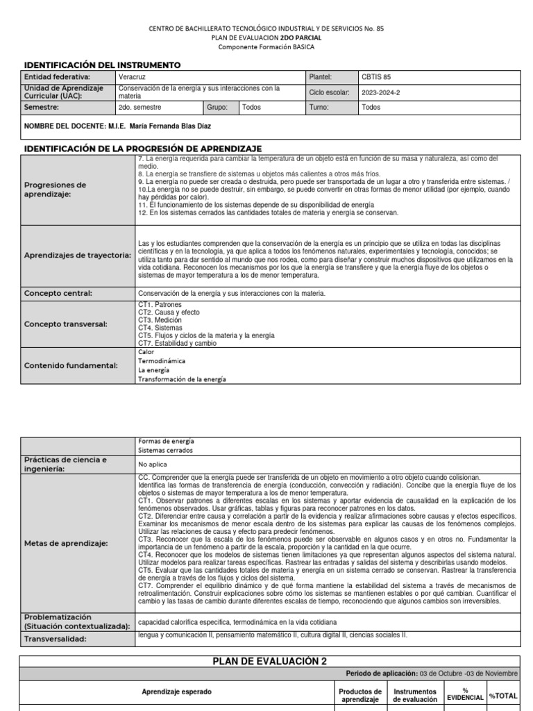 1. Plan de Eval. 2doP Conservación de La Energia y Sus Interacciones Con La Materia | Descargar ...