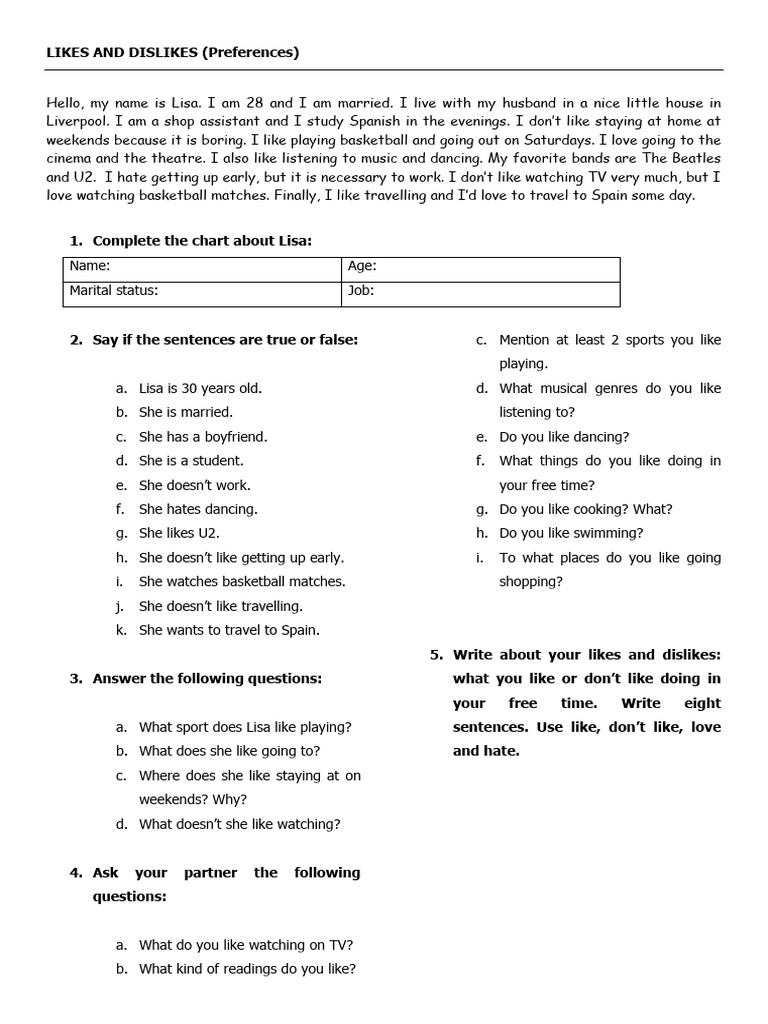 Preferences Worksheet LIKES and DISLIKES (Lisa's Story ADVANCED) | PDF ...