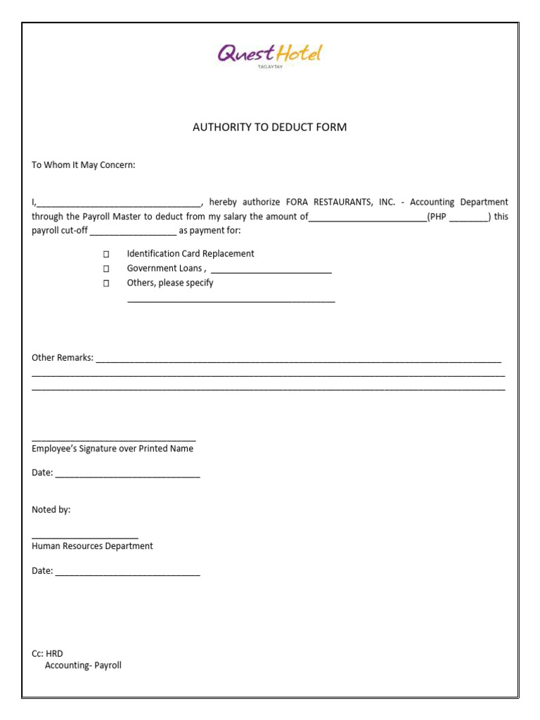 Authority To Deduct Form | PDF