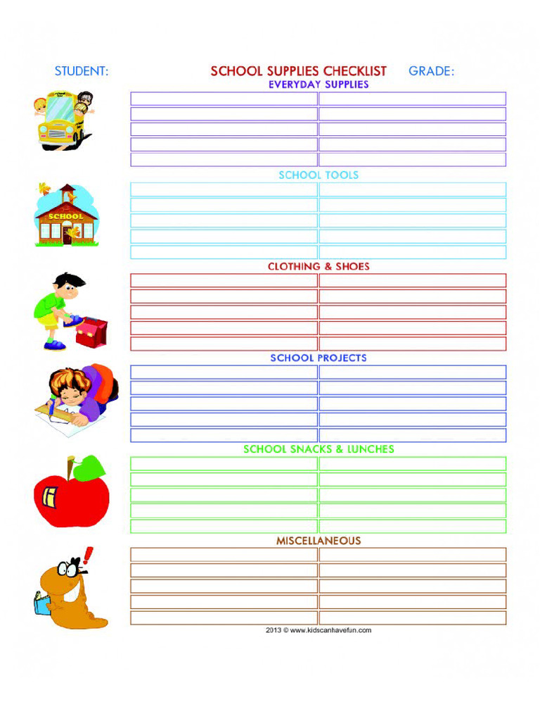 Worksheet - School Supplies Checklist | PDF