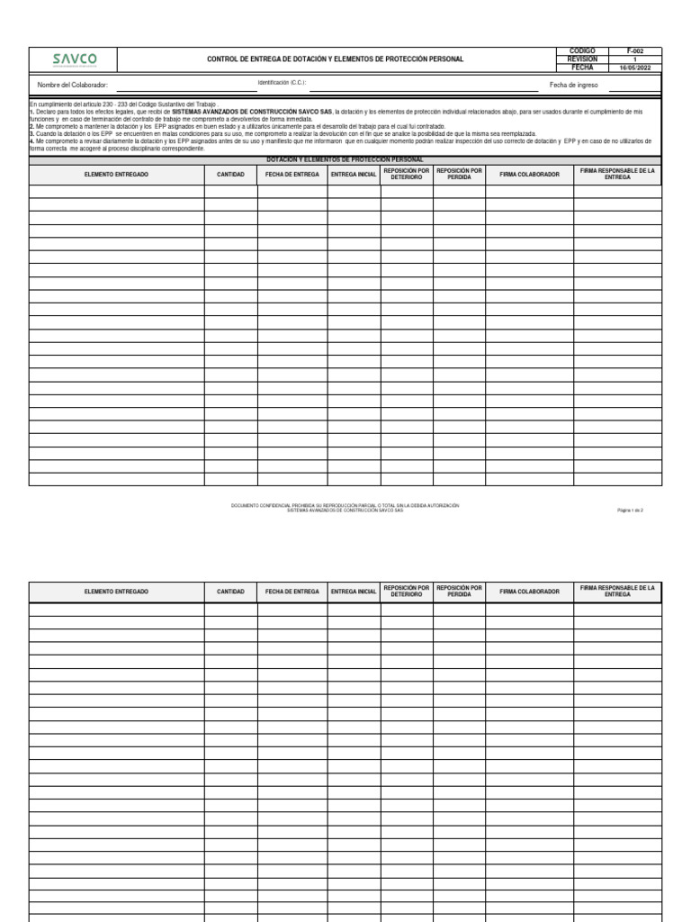 F-002 Control de Entrega de Dotación y Elementos de Protección Individual Rev 2 | PDF | Justicia ...