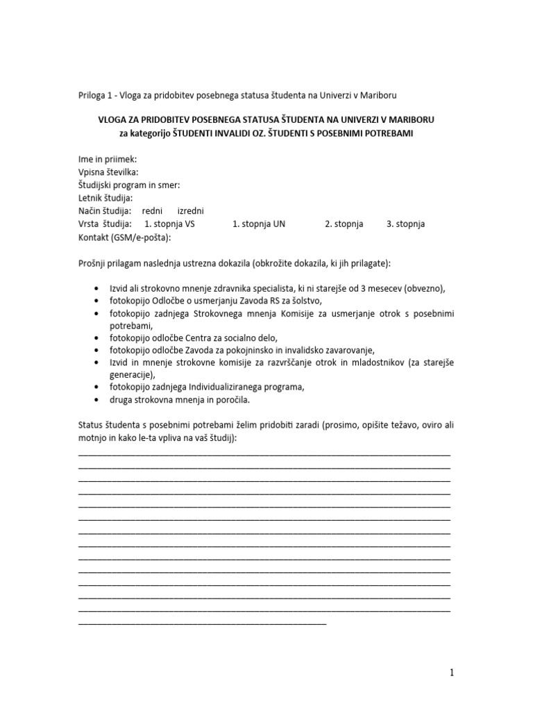 Priloga 1 Vloga Za Pridobitev Posebnega Statusa Studenta Na Univerzi V Mariboru 1 | PDF