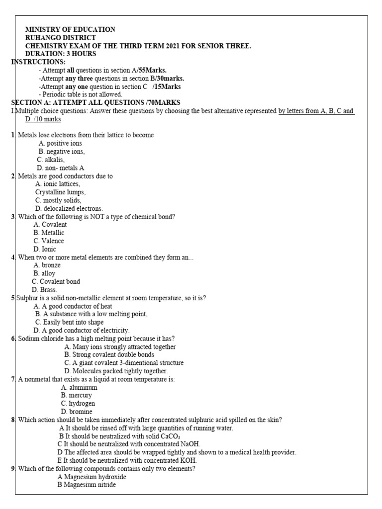 Chemistry Exam of The Third Term 2021 For S3 | PDF | Chlorine | Sodium Hydroxide