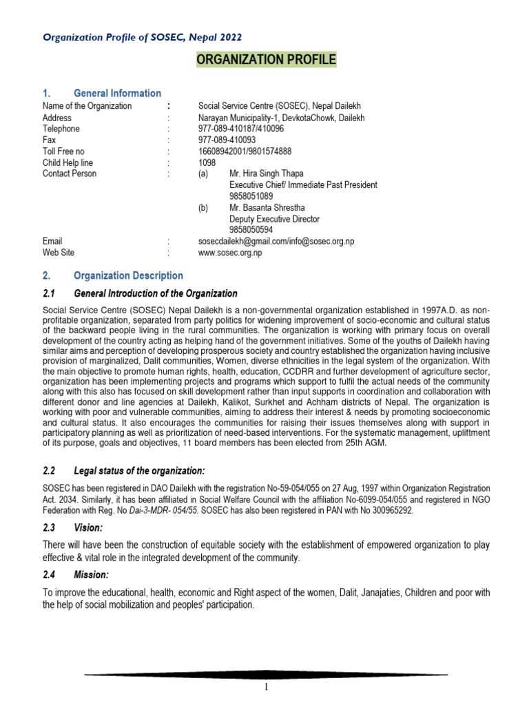 SOSEC Nepal: NGO Profile 2022 | PDF | Wash | Audit