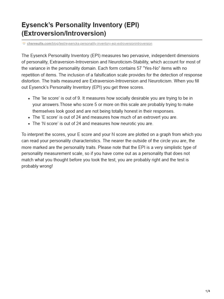 Eysencks Personality Inventory EPI ExtroversionIntroversion | PDF | Extraversion And ...