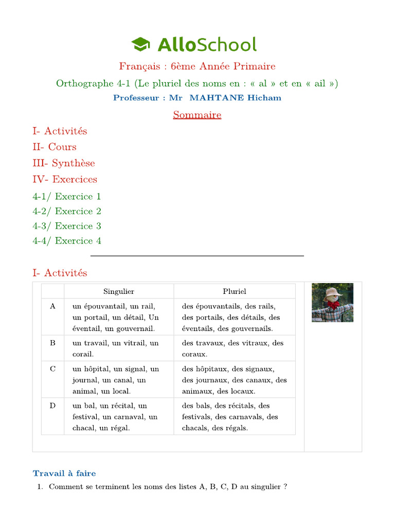 Orthographe 4 1 Le Pluriel Des Noms en Al Et en Ail 1 | PDF