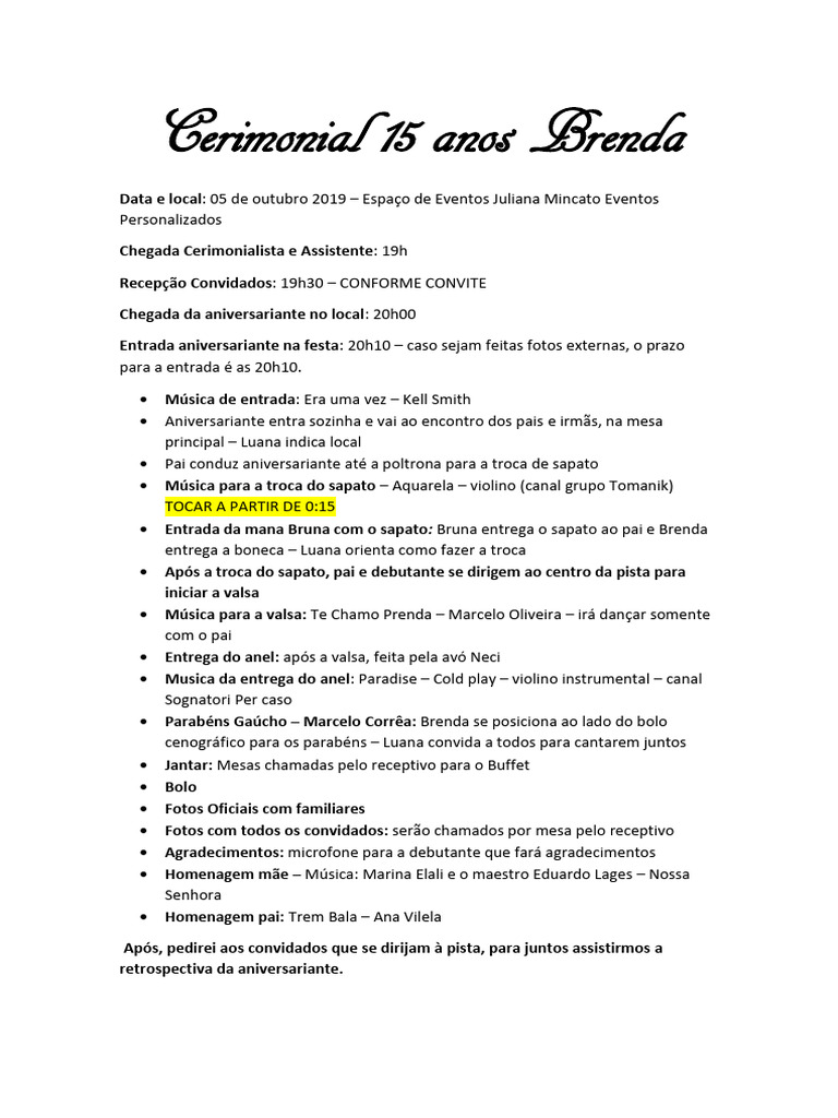 Cerimonial 15 Anos Brenda | PDF