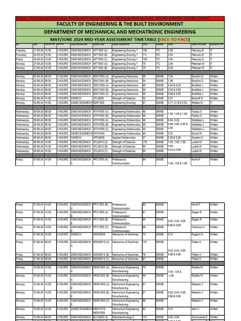 Mid-Year Assessment Timetable - DMME - 21 May | Download Free PDF | Engineering | Physical Sciences