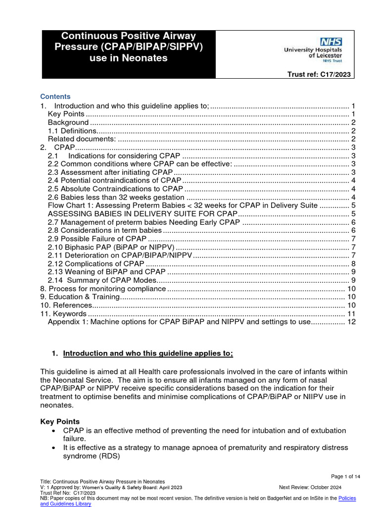 CPAP Guidelines for Neonates | PDF | Apnea | Breathing